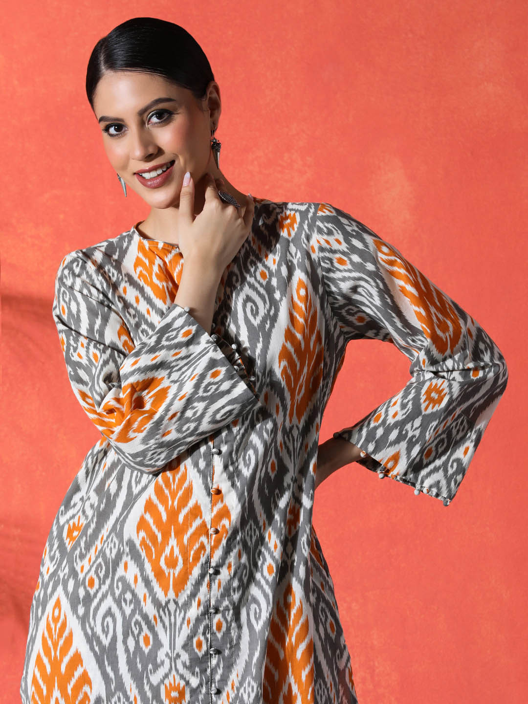 Buy Sangria Ethnic Motifs Printed High Slit Round Neck Pure Cotton ...