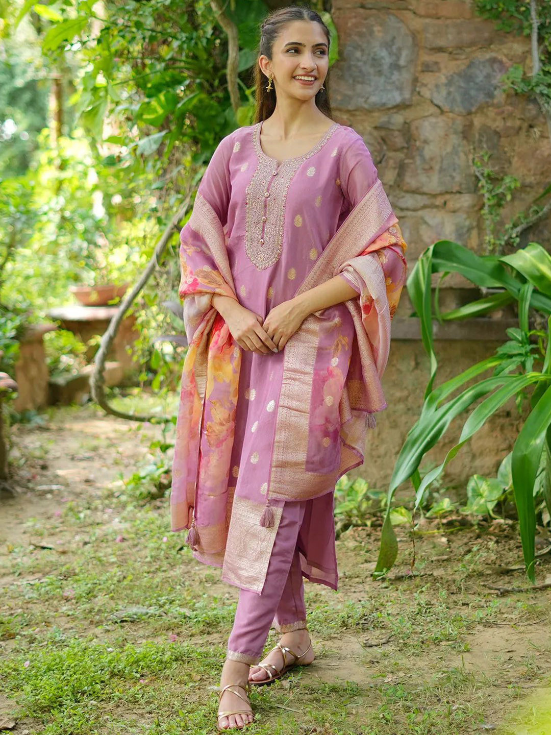 Buy Libas Floral Woven Design Zari Straight Kurta With Trousers And Dupatta - Kurta Sets for ...
