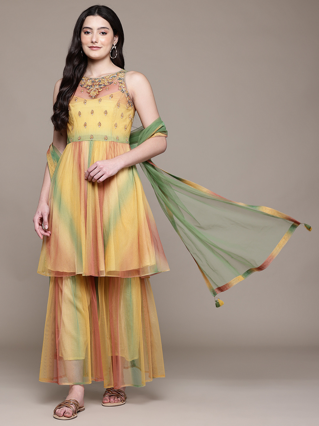 Buy Aarke Ritu Kumar Embroidered Pleated Thread Work Kurta With Sharara ...