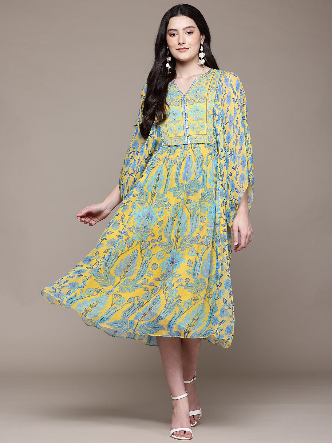Buy Aarke Ritu Kumar Floral Print Puff Sleeve Chiffon A Line Midi Dress ...