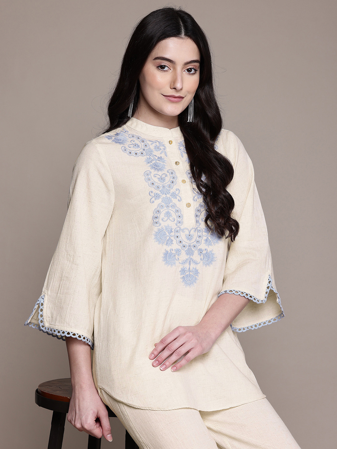 Buy Aarke Ritu Kumar Floral Embroidered Thread Work Pure Cotton Kurti ...