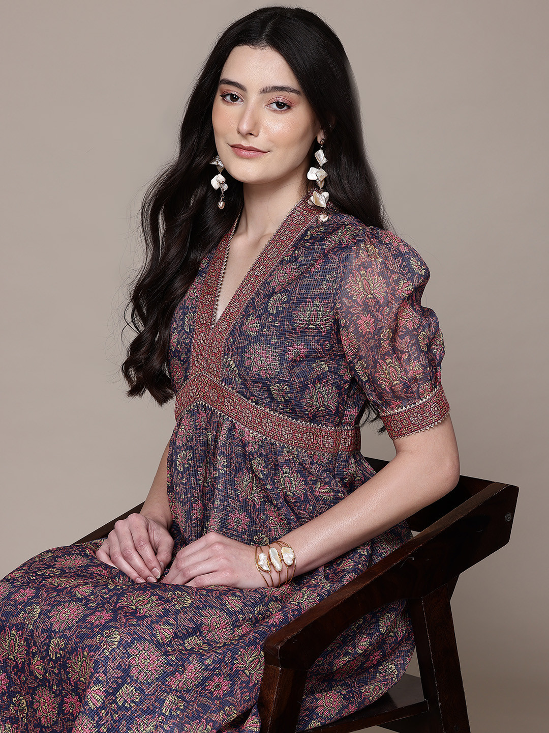 Buy Aarke Ritu Kumar Floral Print Puff Sleeve Empire Midi Dress ...