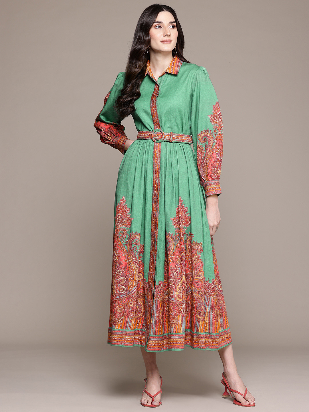 Buy Ritu Kumar Ethnic Motifs Print Shirt Midi Dress With Belt - Dresses ...