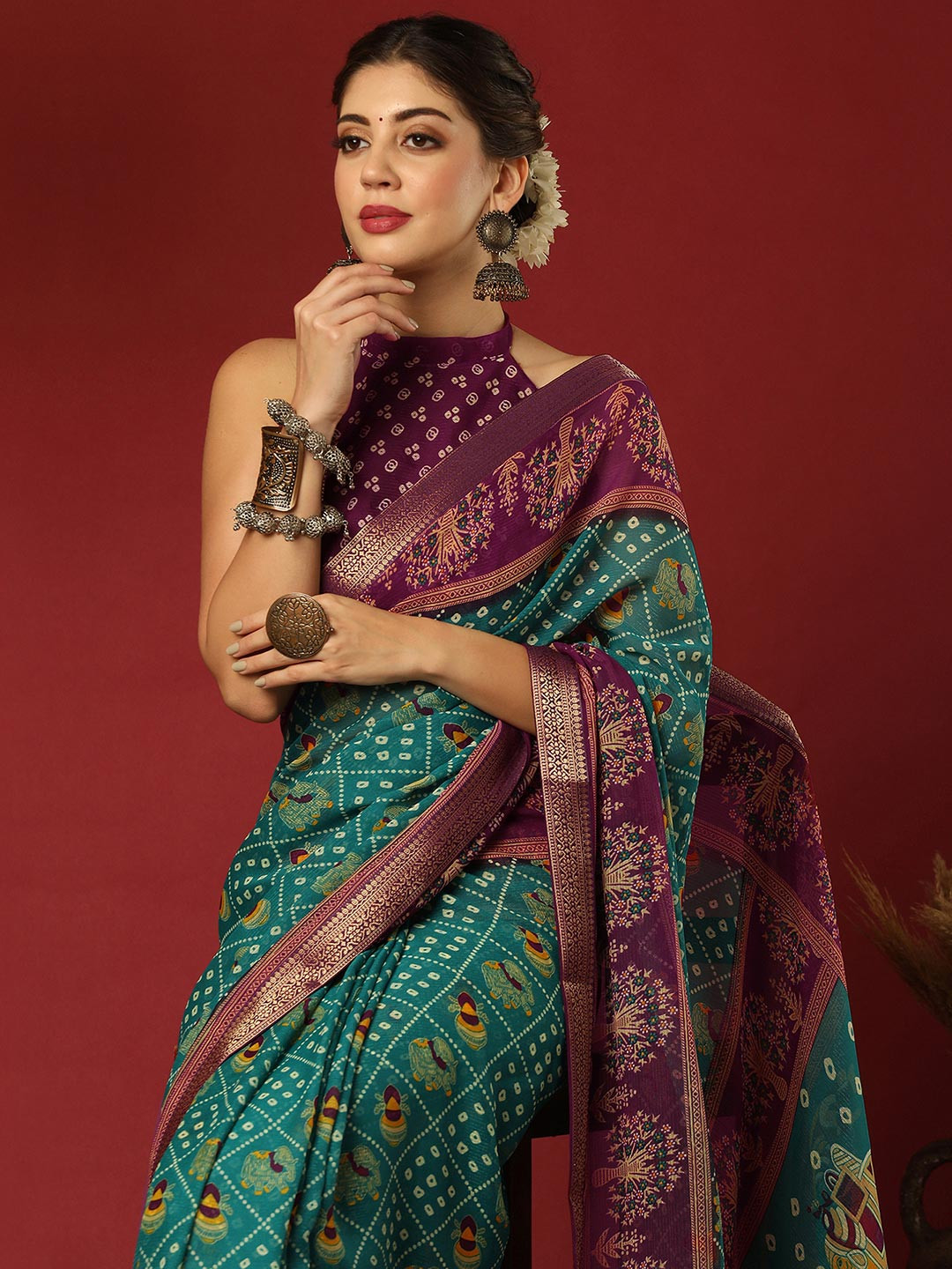 Buy KALINI Bandhani Printed Pure Georgette Saree - Sarees for Women ...