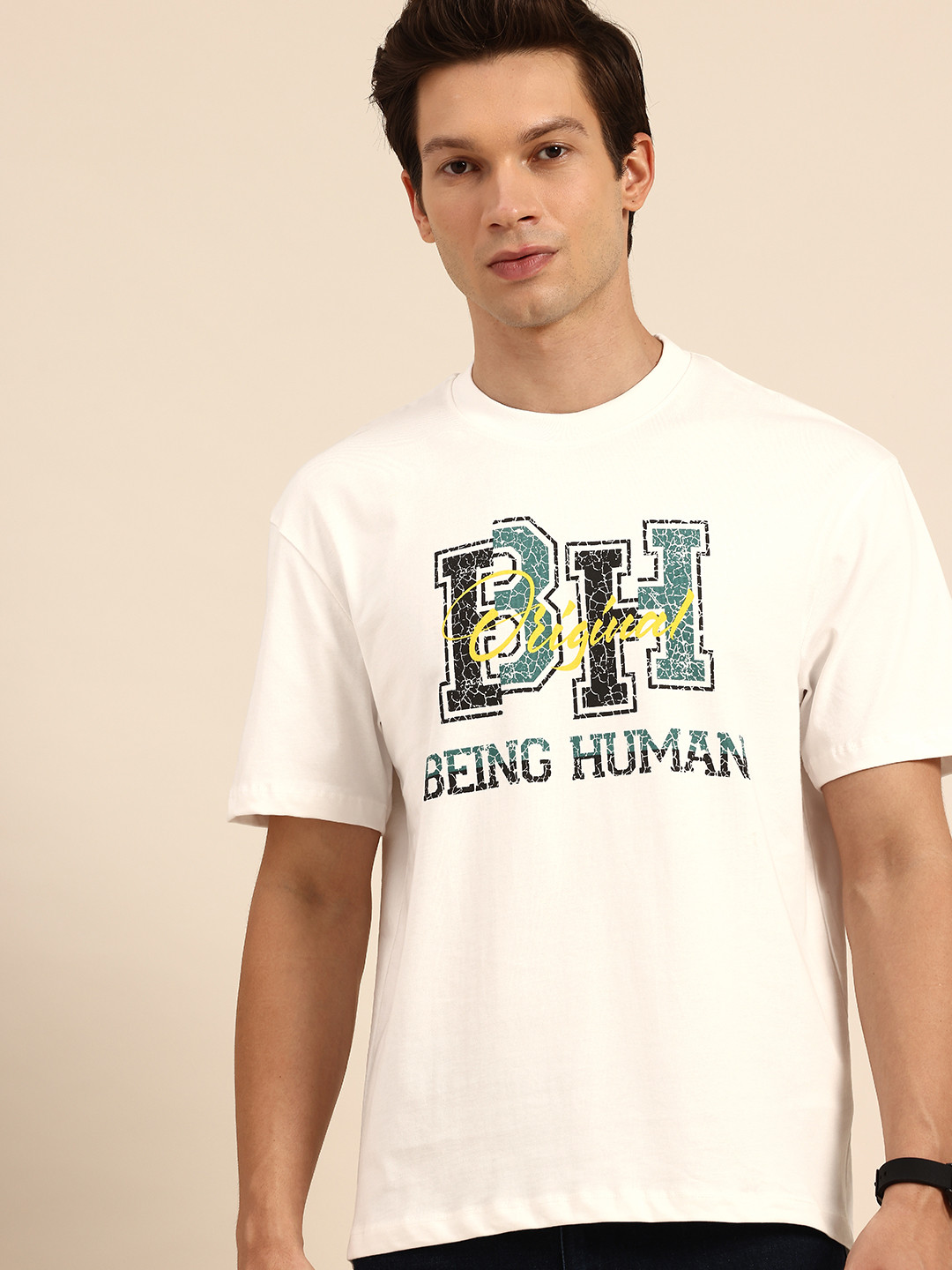 Buy Being Human Brand Logo Printed Drop Shoulder Sleeves Pure Cotton T ...