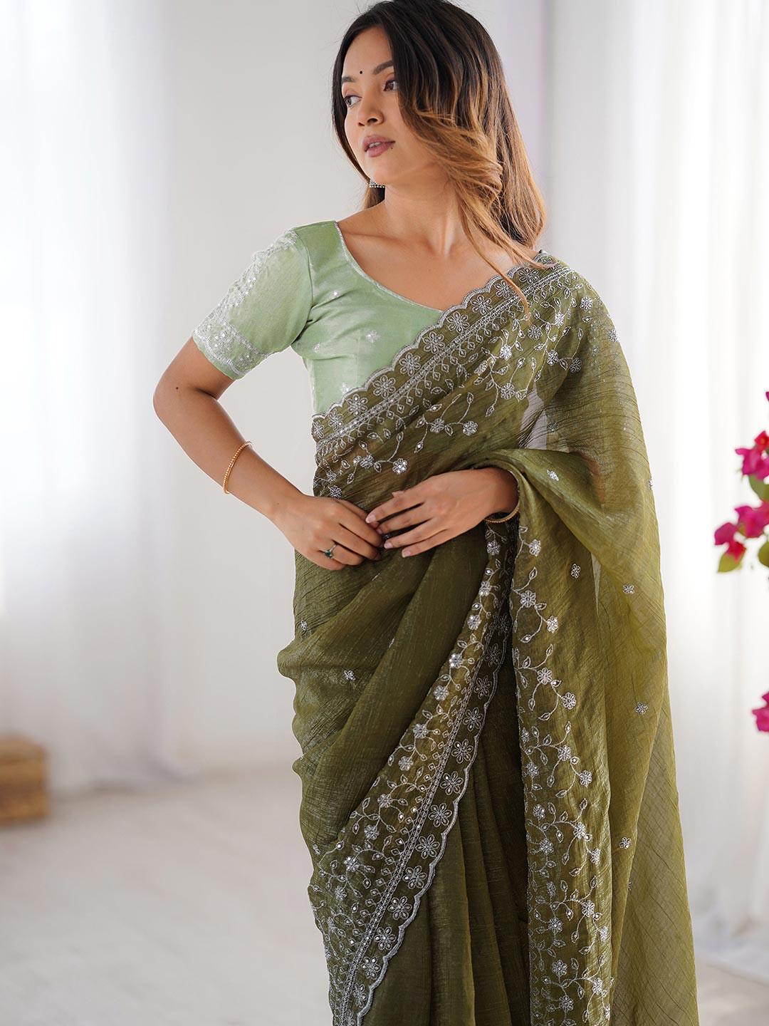 Buy Satrani Floral Embroidered Pure Chiffon Saree - Sarees for Women ...
