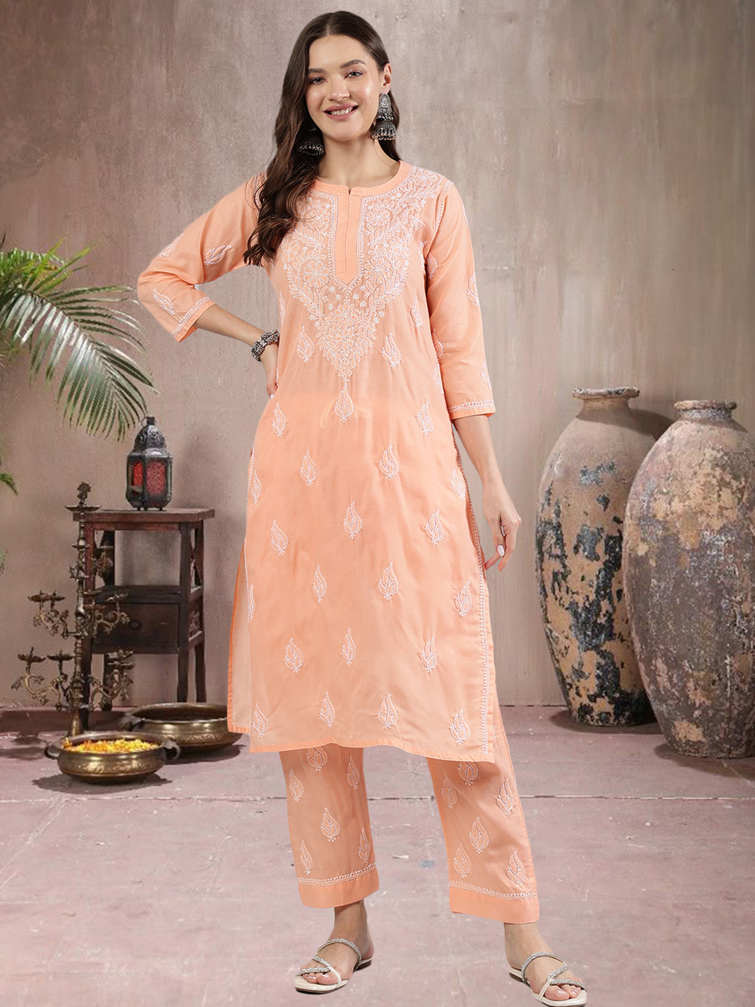 Buy Seva Chikan Women Ethnic Motifs Embroidered Regular Chikankari ...