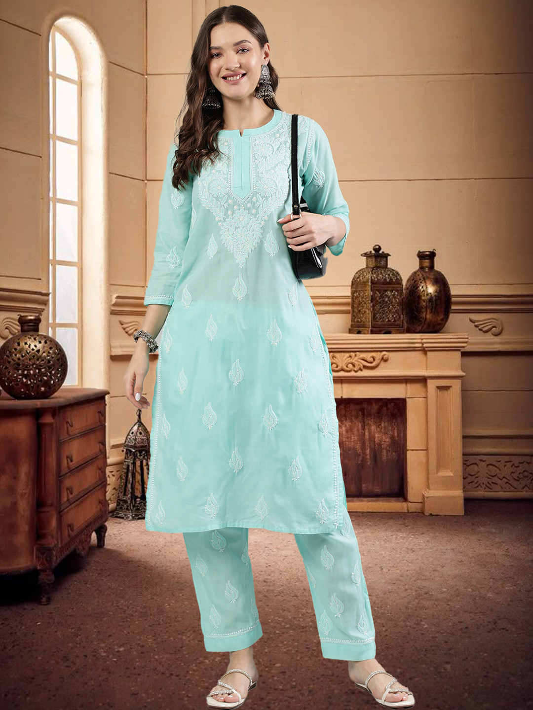 Buy Seva Chikan Women Ethnic Motifs Embroidered Regular Chikankari ...