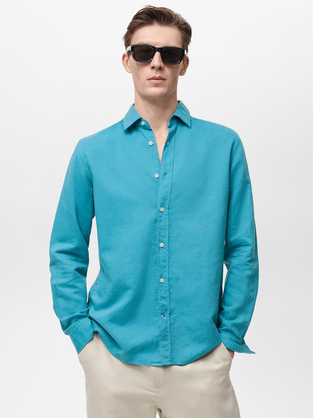 Buy MANGO MAN Relaxed Fit Solid Linen Cotton Spread Collar Casual Shirt ...
