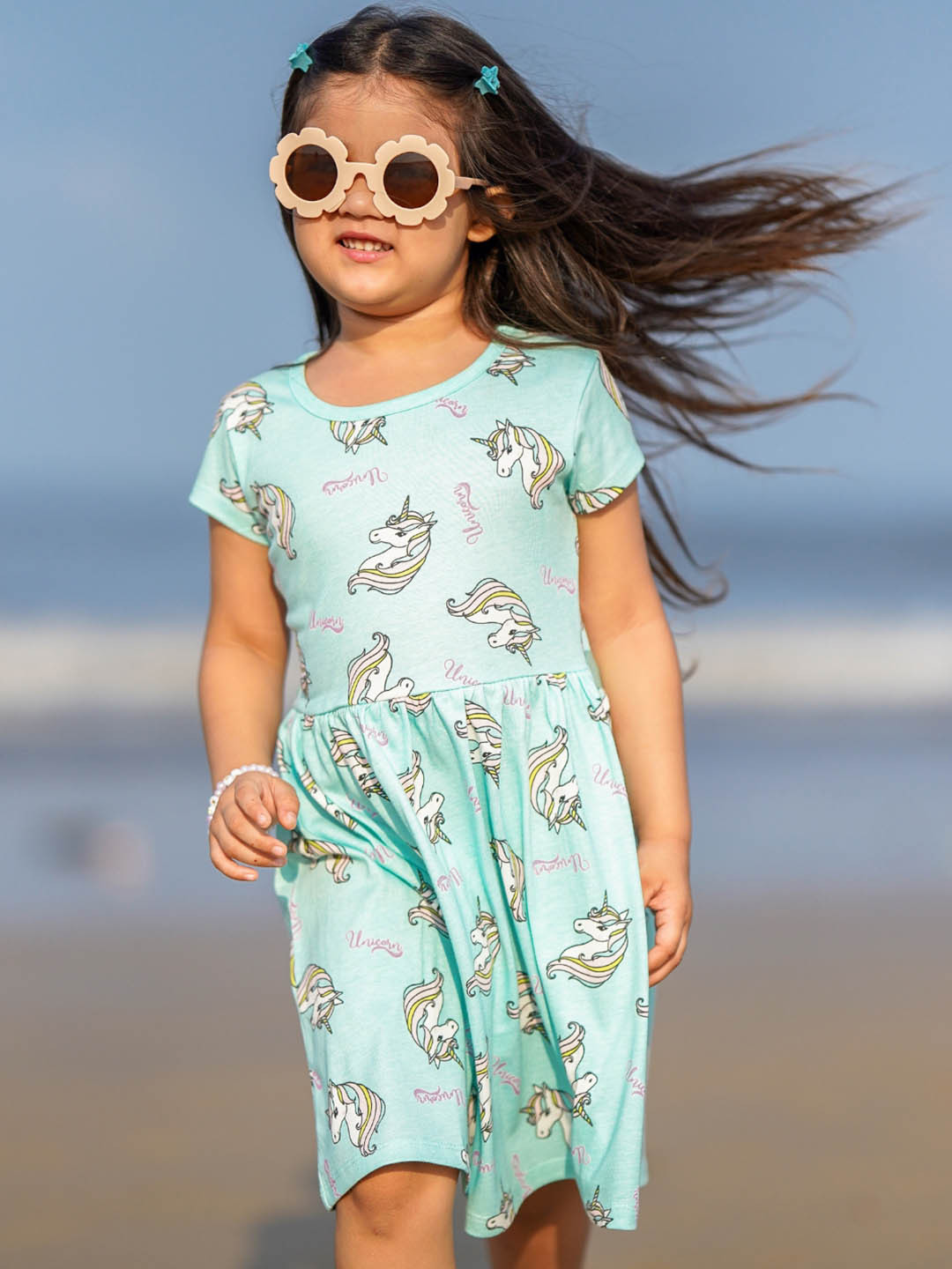 Buy Nap Chief Girls Unicorn Classic Pattern Printed Relaxed Fit Pure Cotton Fit & Flare Dress ...