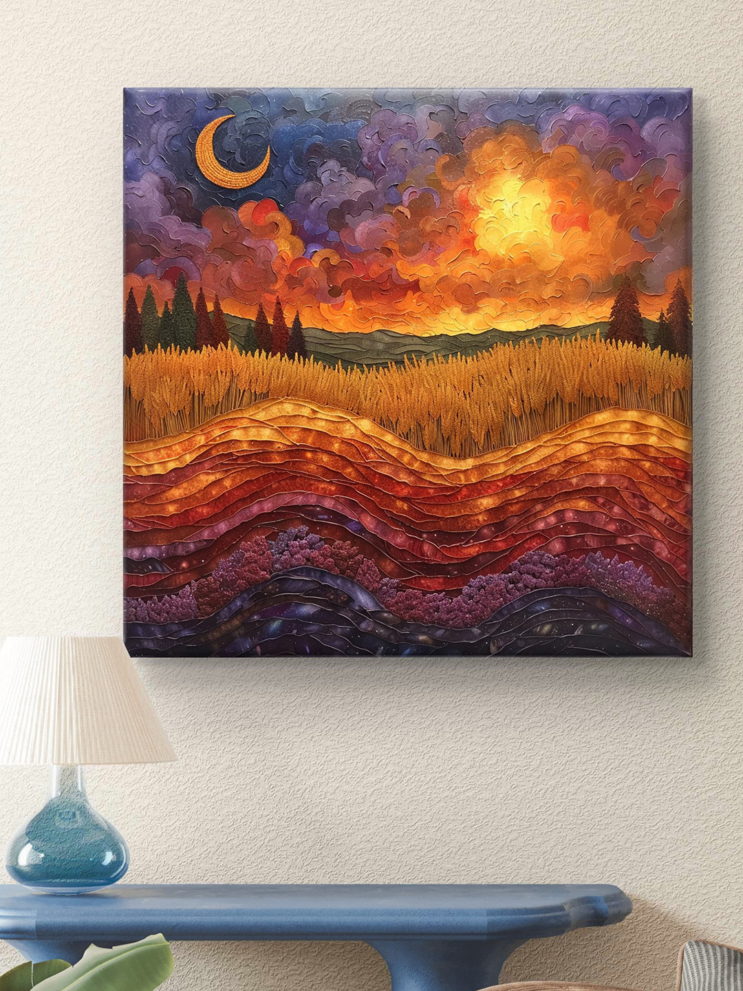 Buy Myntra Elegant Homes Gold Toned & Red Half Moon Printed Canvas Wall ...