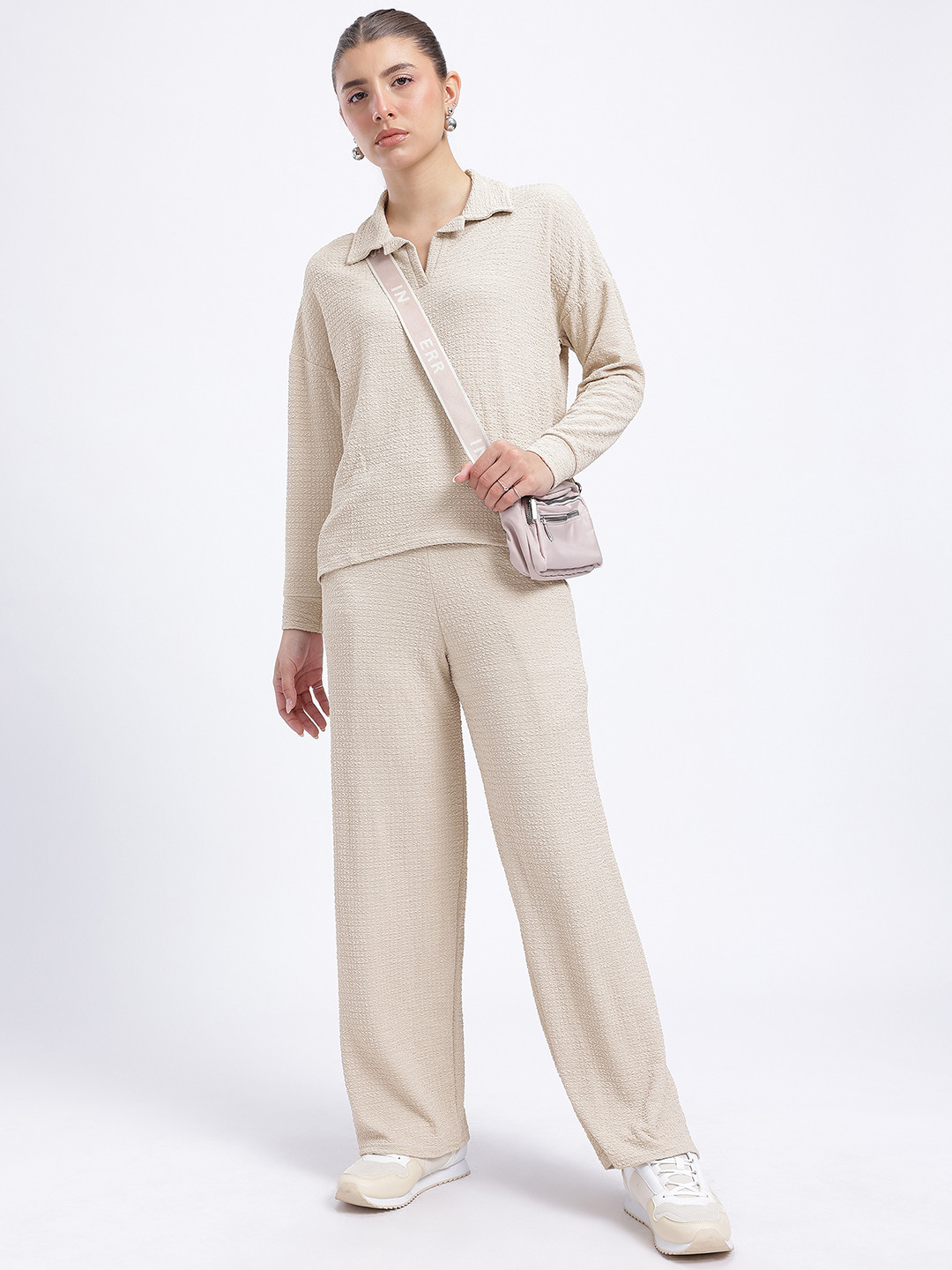 Buy Cream Self Design T Shirt & Trousers Co Ord Set - Co Ords for Women ...