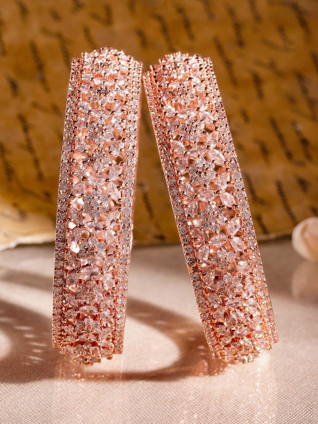 Buy Rubans Set Of 2 22K Rose Gold Plated Cubic Zirconia Stone Studded ...