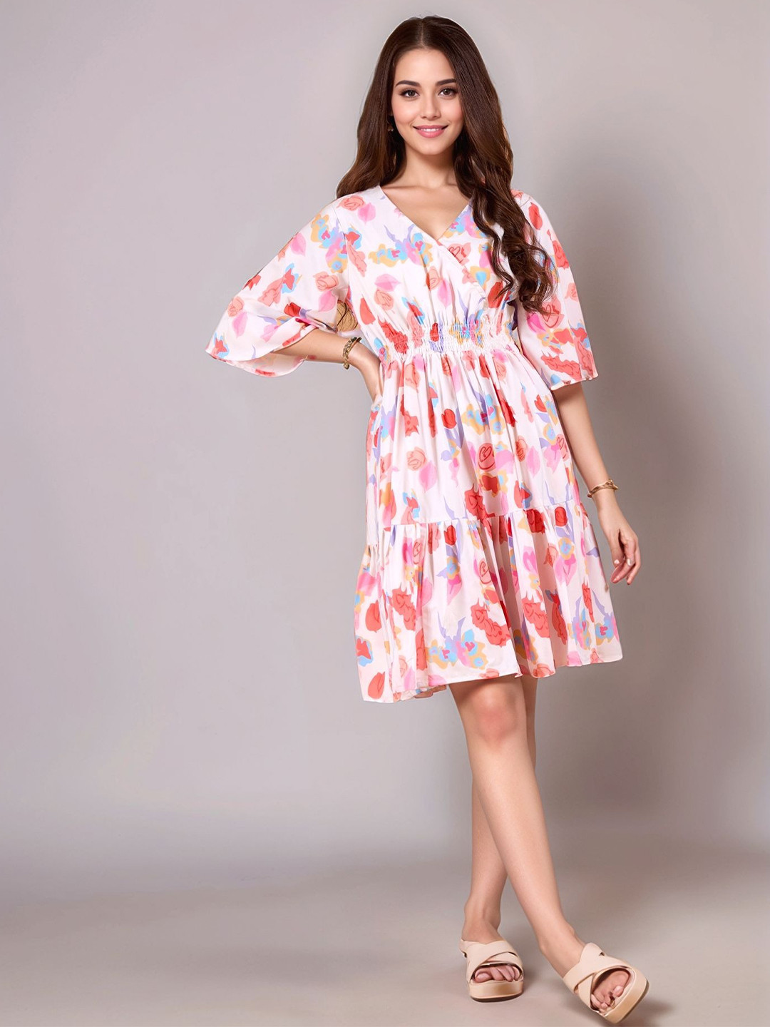 Buy CORSICA Floral Print Bell Sleeve V Neck Crepe Fit & Flare Dress ...