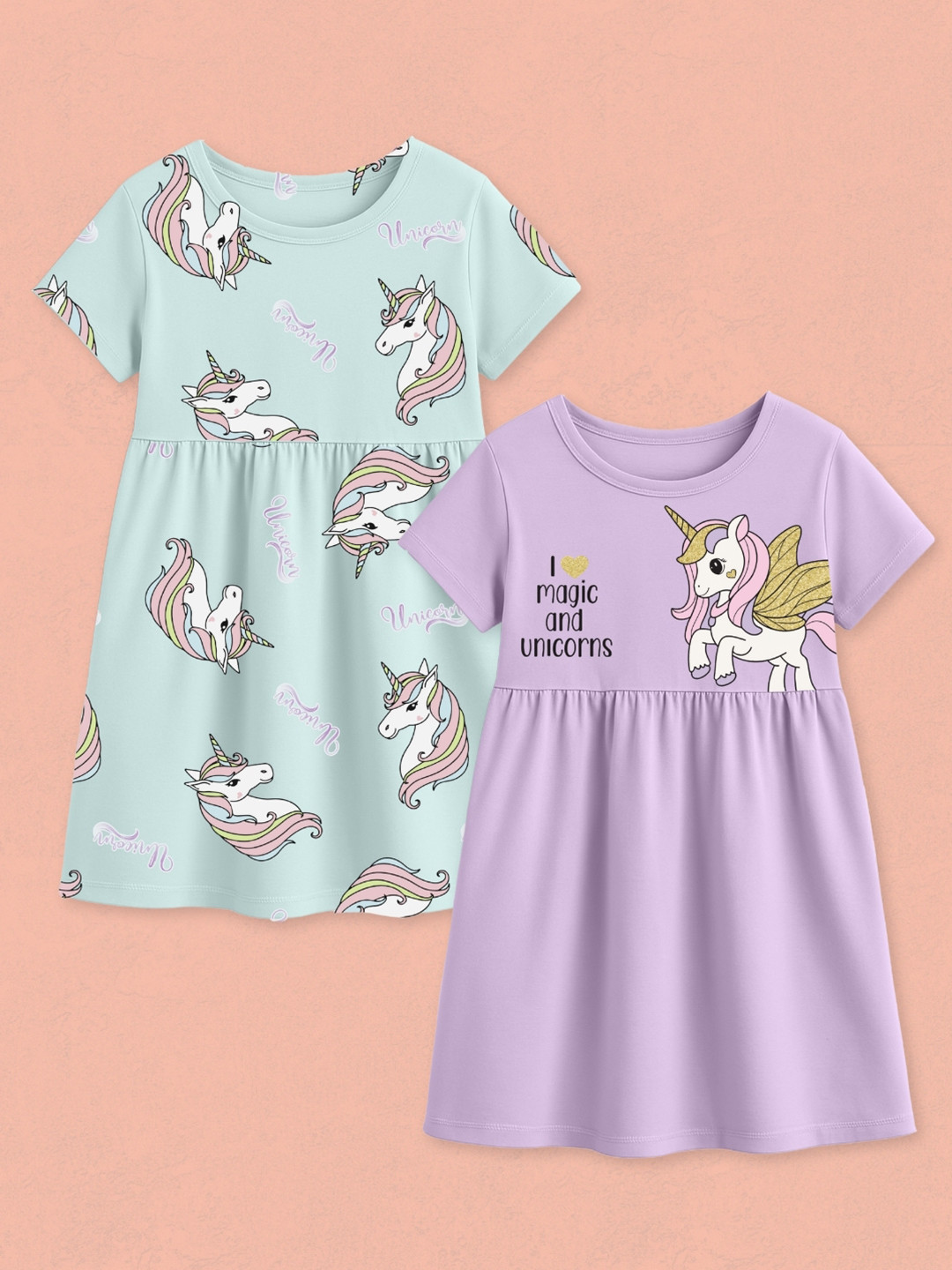 Buy Nap Chief Girls Pack Of 2 Unicorns Printed Relaxed Fit Pure Cotton Fit & Flare Dress ...
