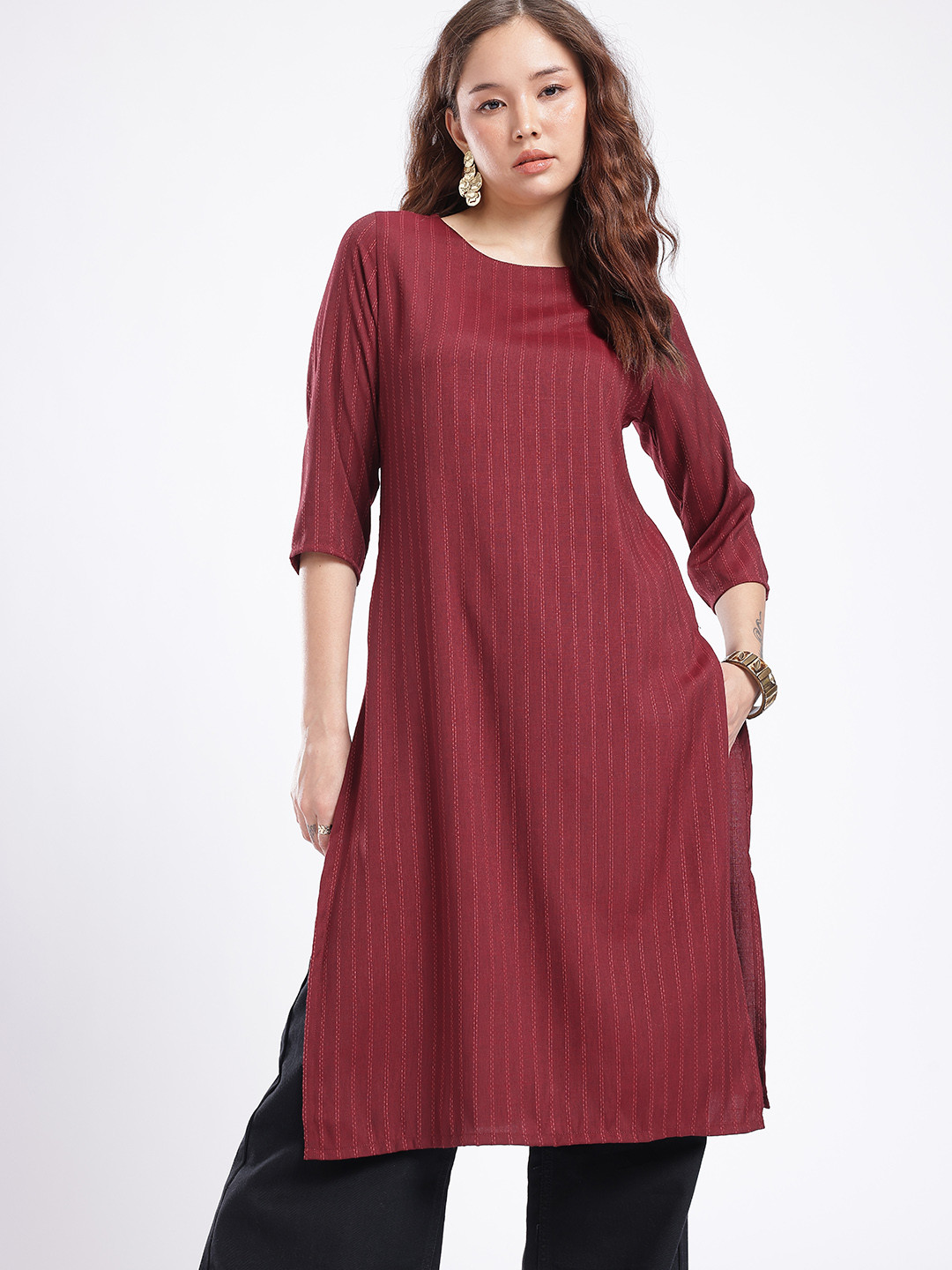 Buy Anouk Rustic Striped Straight Kurta - Kurtas for Women 33612495 ...