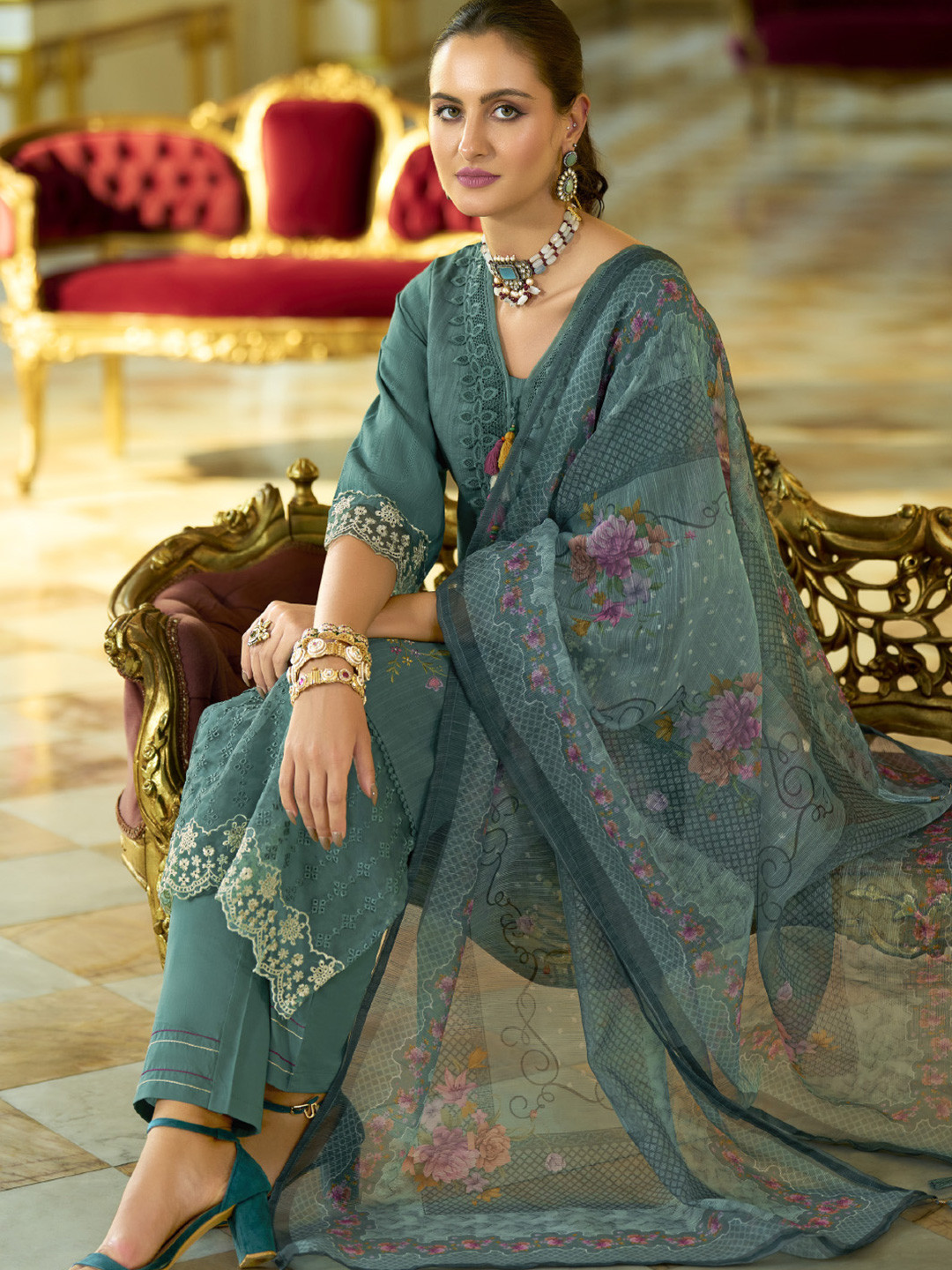 Buy Varanga Floral Embroidered V Neck Thread Work Pure Cotton Kurta ...