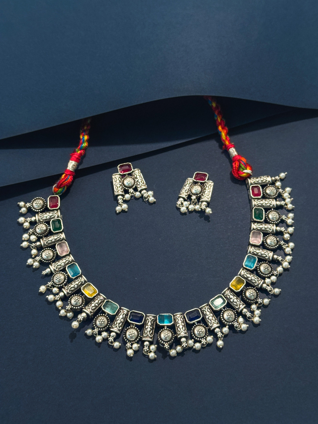 Buy NAMAN ARTS Silver Plated Oxidised Stone Studded & Beaded Jewellery ...