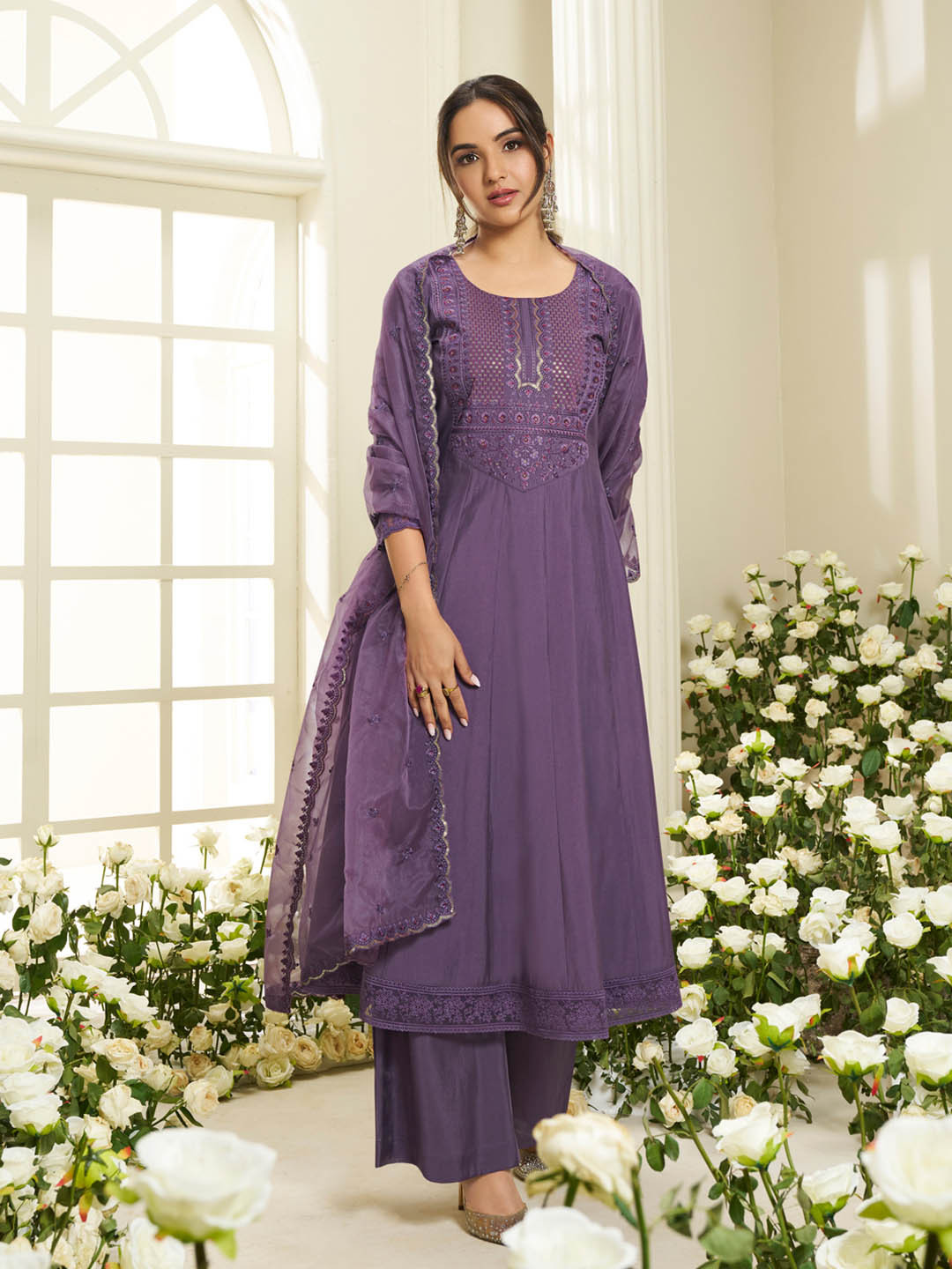 Buy Inddus Floral Yoke Design Round Neck Sequinned Anarkali Kurta With ...