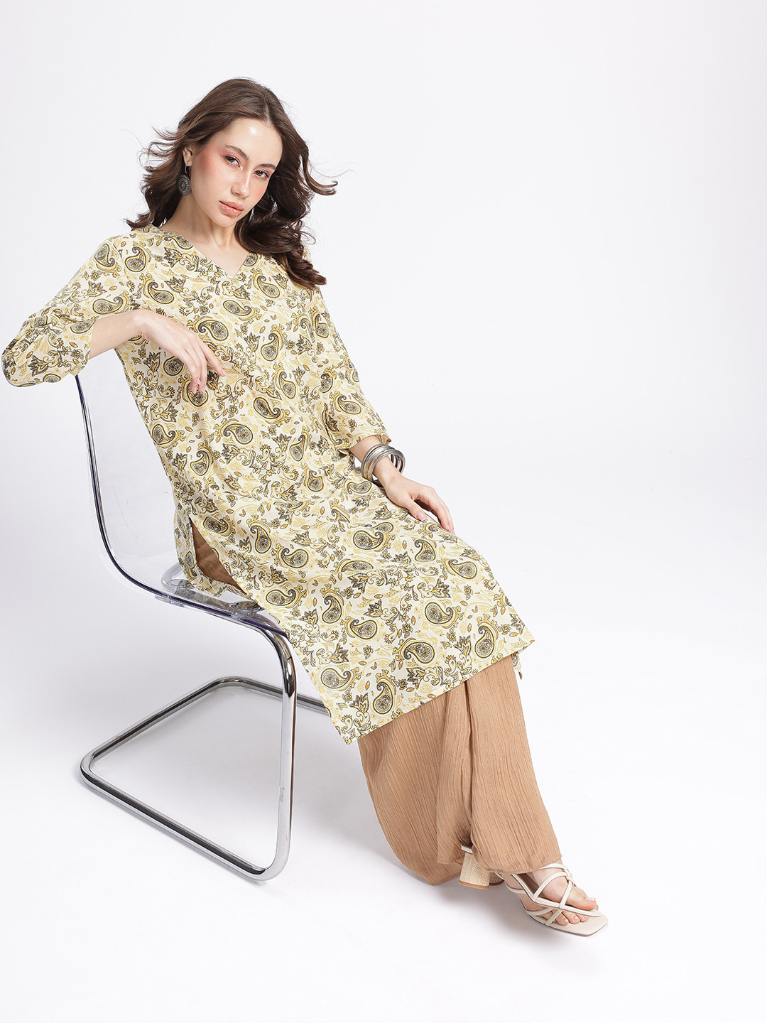 Buy Anouk Rustic V Neck Paisley Printed Straight Kurta - Kurtas for ...