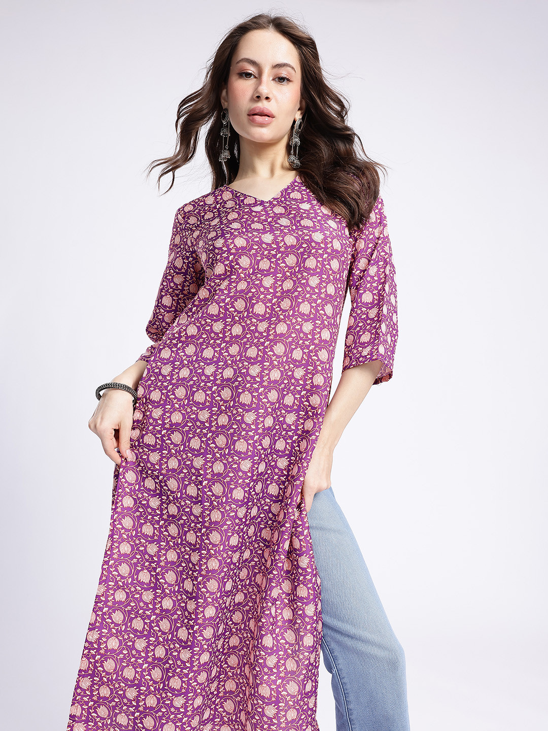 Buy Anouk Rustic V Neck Floral Printed Straight Kurta - Kurtas for ...