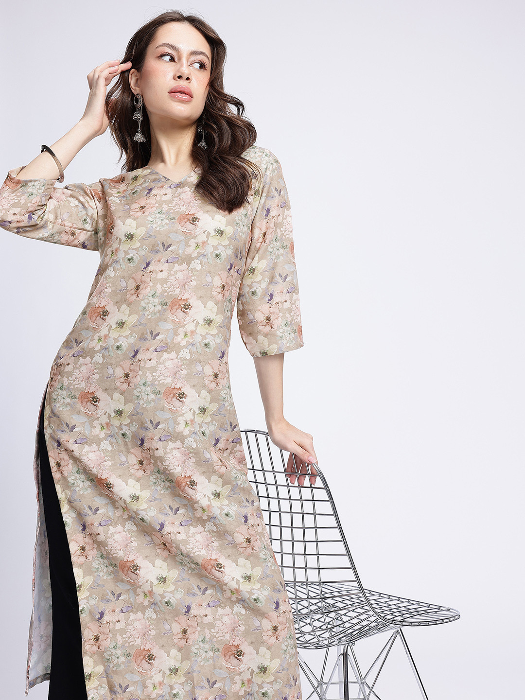 Buy Anouk Rustic V Neck Floral Printed Straight Kurta - Kurtas for ...
