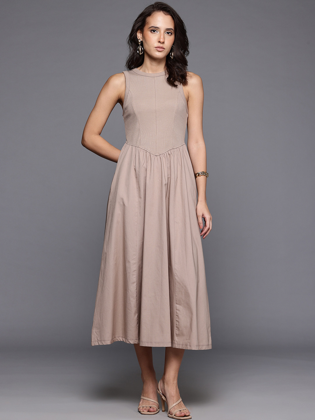 Buy NEXT Round Neck Sleeveless Ribbed Pleated A Line Midi Dress ...