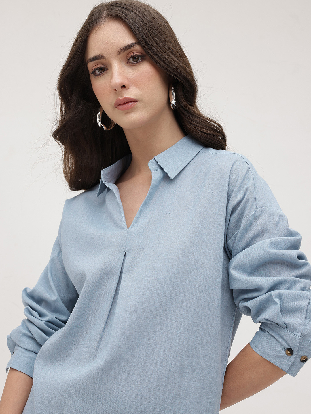 Buy The Roadster Lifestyle Co. Solid Linen Shirt Style Longline Top ...