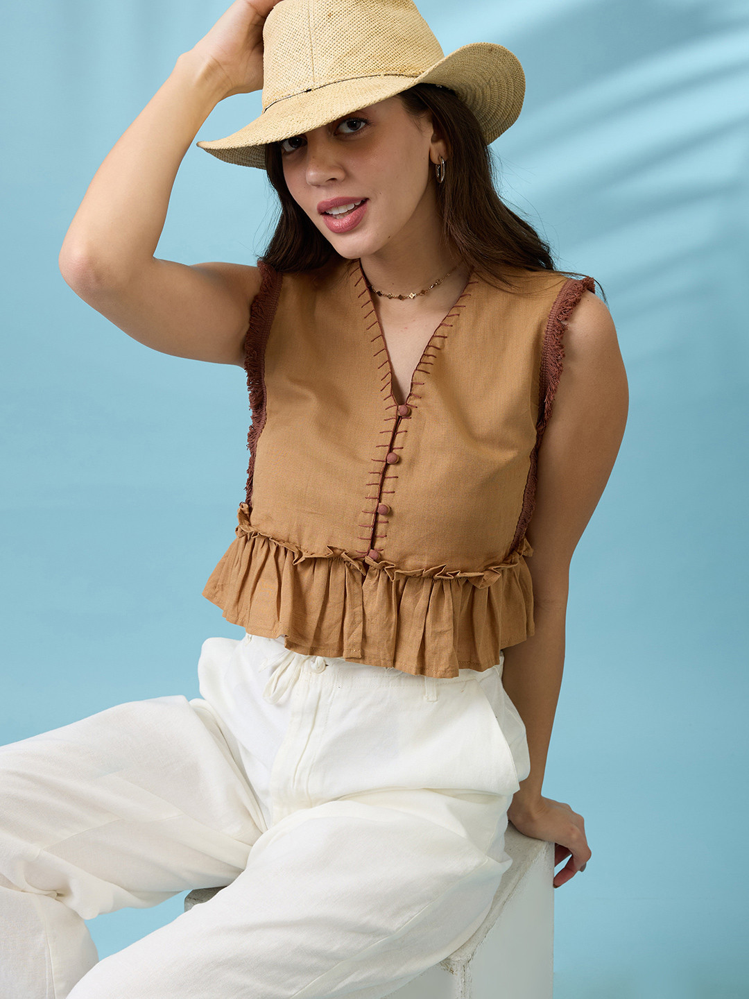 Buy Globus V Neck Thread Work Detail & Lace Inserts Pleated Crop Top ...