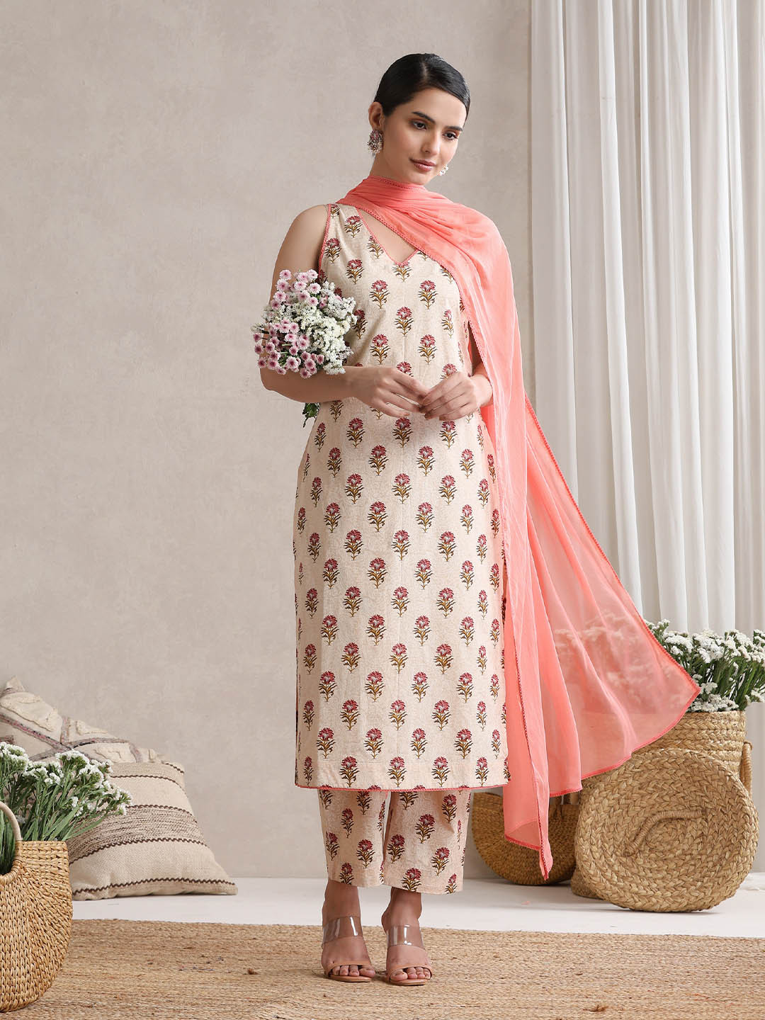 Buy Khushal K Women Floral Printed Cotton Kurta With Palazzos & Dupatta - Kurta Sets for Women ...