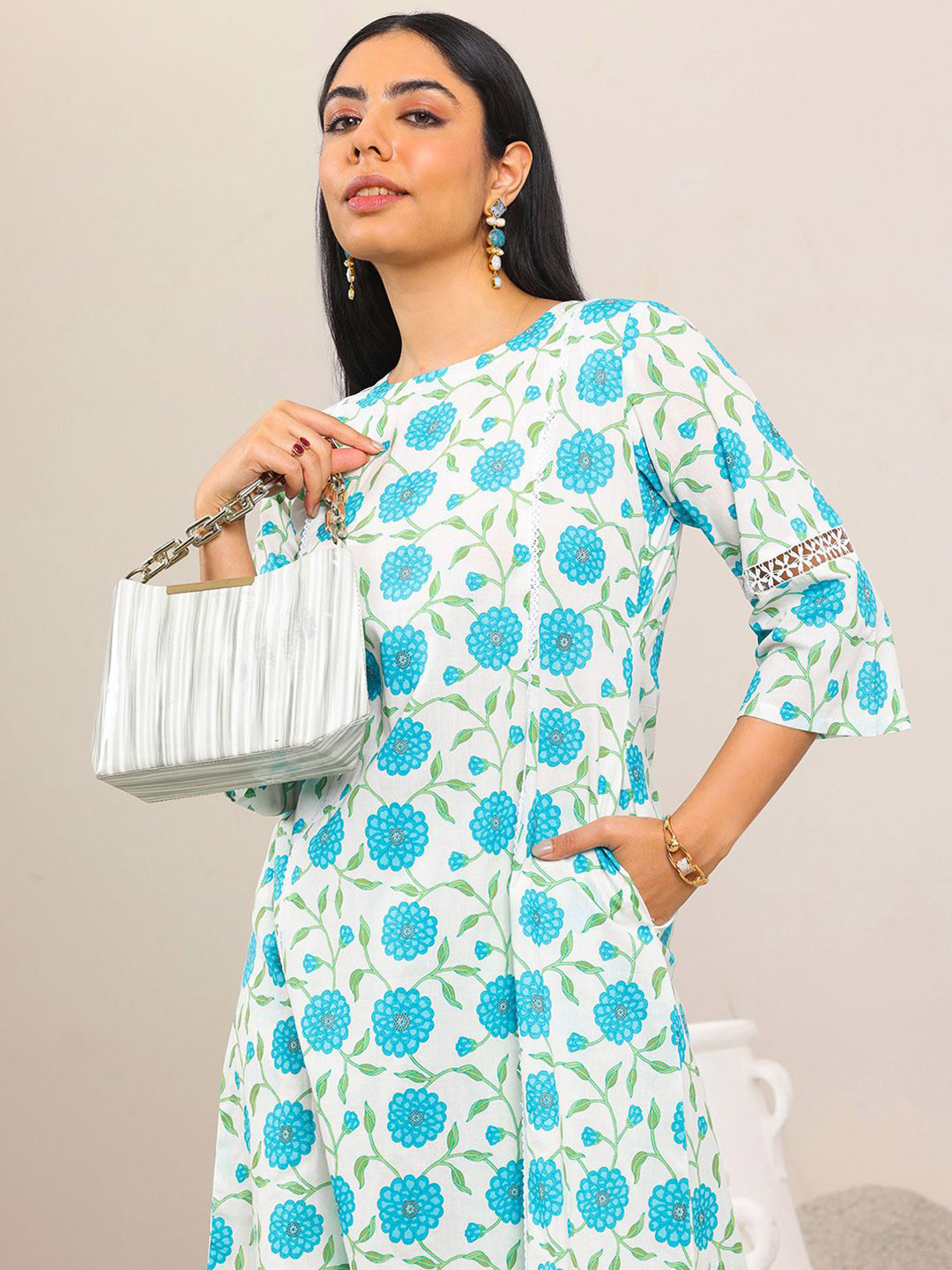 Buy Libas Floral Printed Boat Neck A Line Kurta With Trousers - Kurta ...