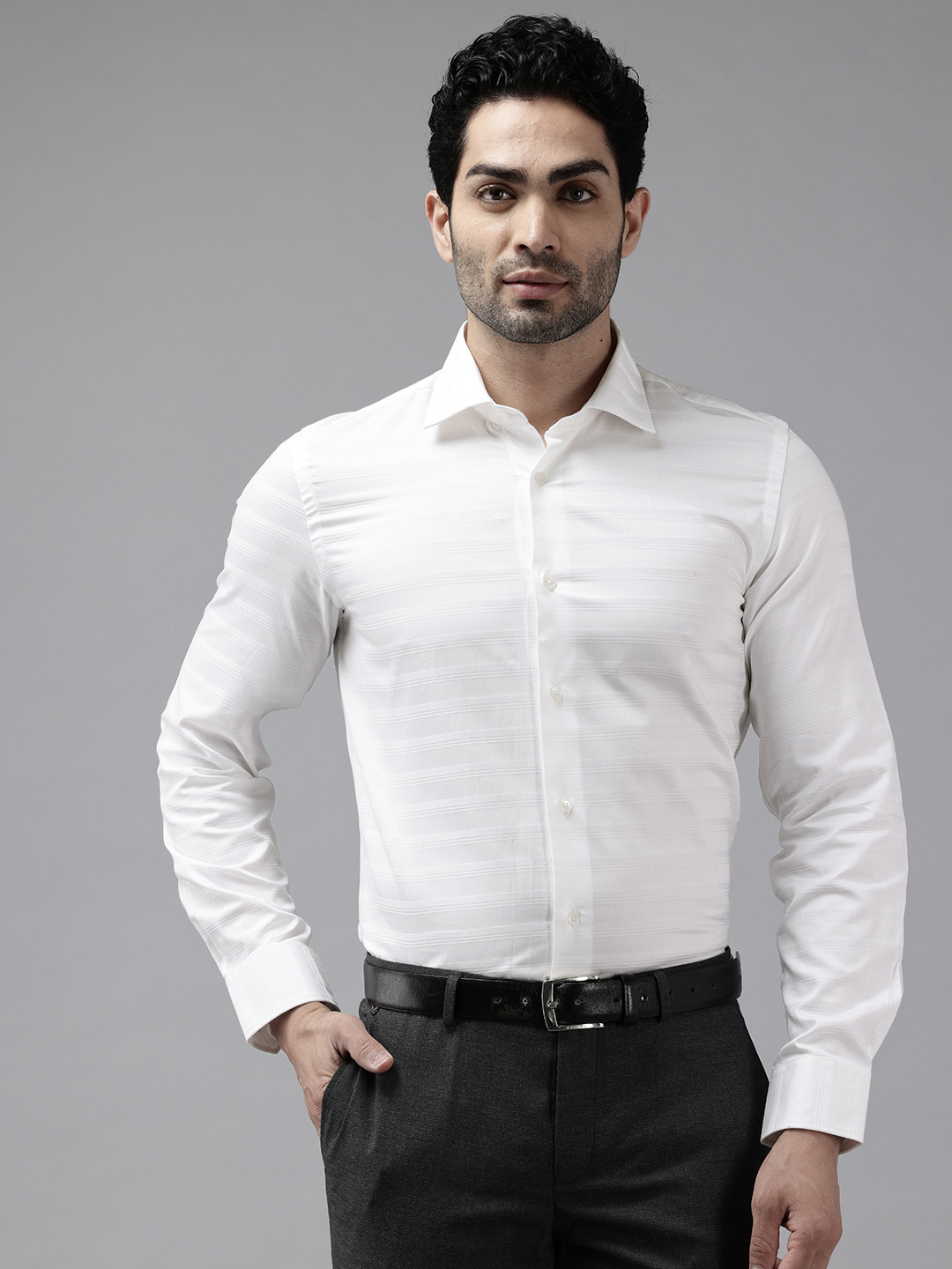 Buy Blackberrys Men Self Striped Pure Cotton Slim Fit Formal Shirt ...