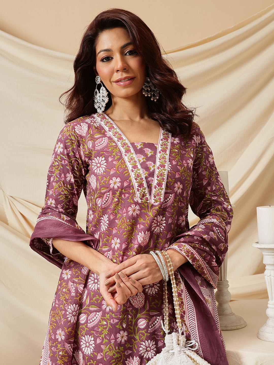 Buy Ginni Arora Label Women Floral Printed Cotton Kurta With Trousers ...