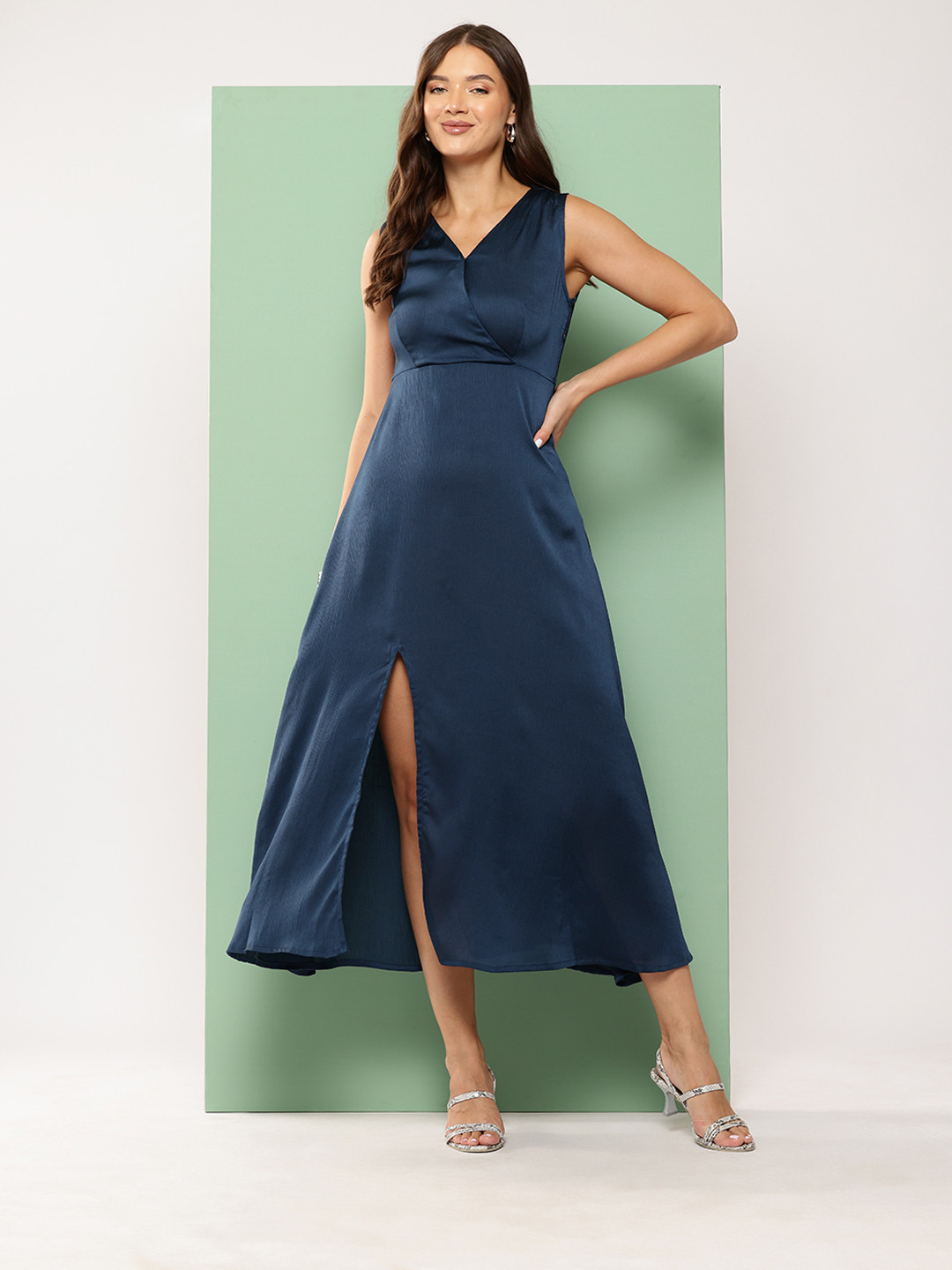 Buy Killer Satin Finish A Line Midi Dress With Slit - Dresses for Women ...