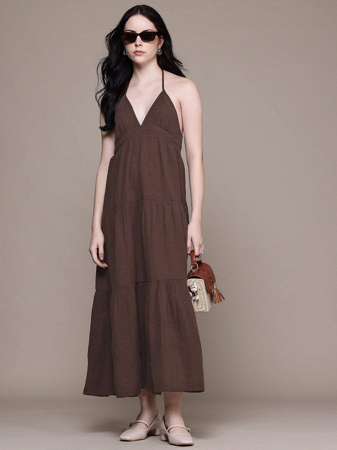 Buy MANGO Crinkled Effect Pure Cotton Shoulder Straps Backless Tiered ...