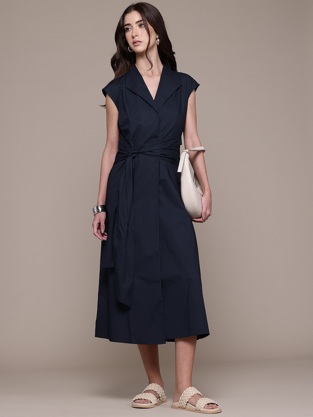 Buy MANGO Shawl Collar Extended Sleeves Pure Cotton Midi Wrap Dress ...