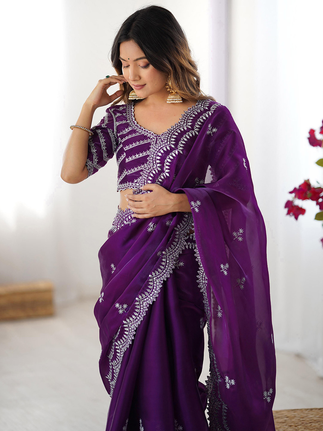 Buy Satrani Floral Embroidered Sequinned Tissue Saree - Sarees for ...