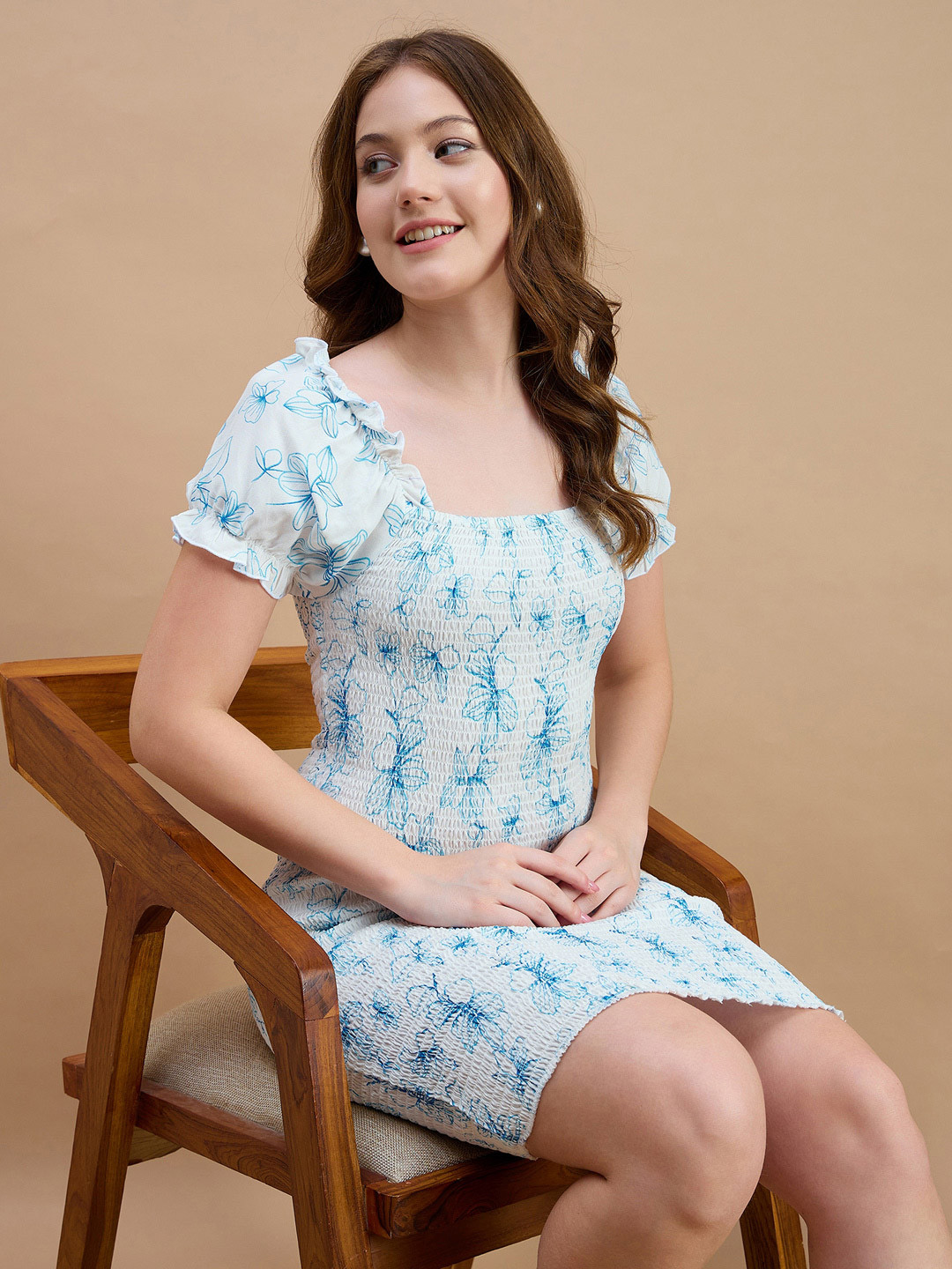 Buy ZUMMER Floral Printed Puff Sleeve Smocked Bodycon Dress - Dresses ...