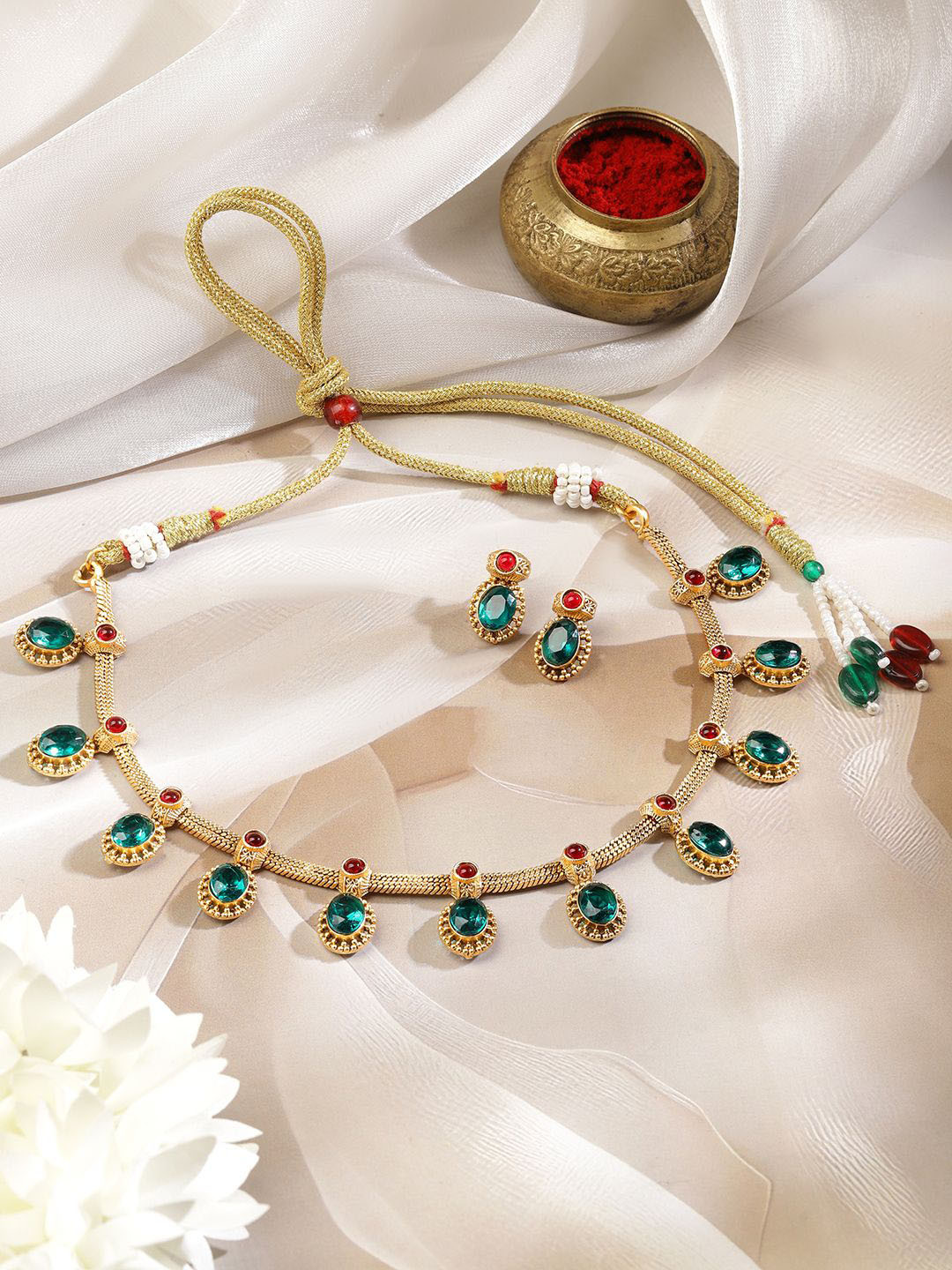 Buy Rubans 22K Gold Plated Emerald Green & Ruby Red Stone Studded Adjustable Necklace Set ...