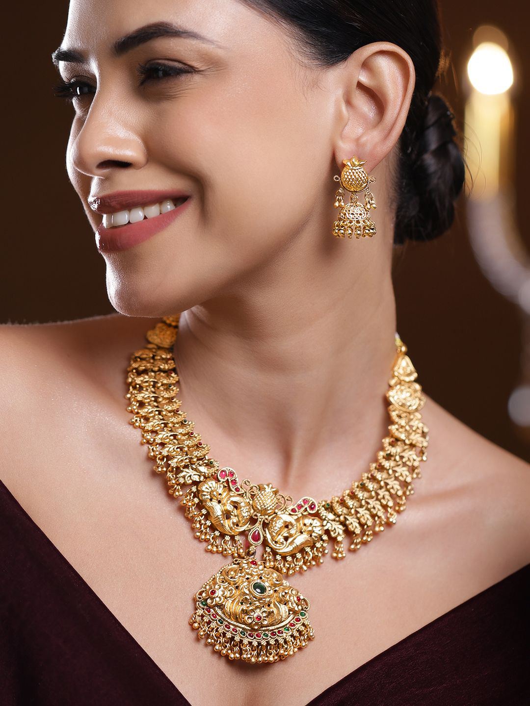 Buy Rubans 22K Gold Plated Emerald Green & Ruby Red Stone Studded ...