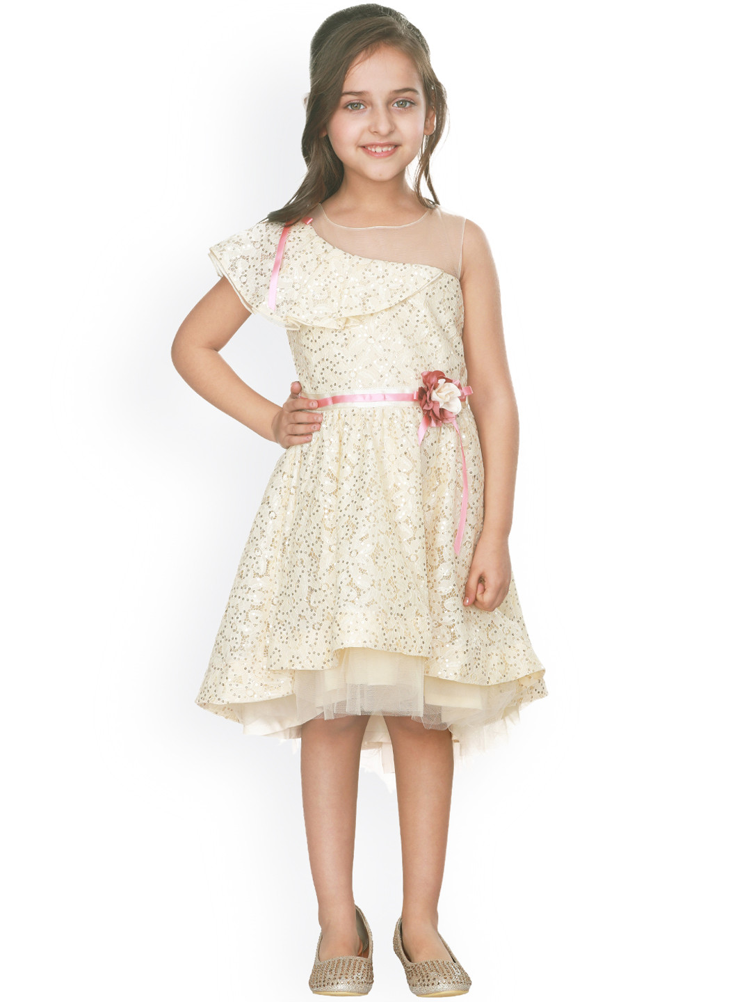 Buy CUTECUMBER Girls Cream Coloured Self Design Fit And Flare Dress ...