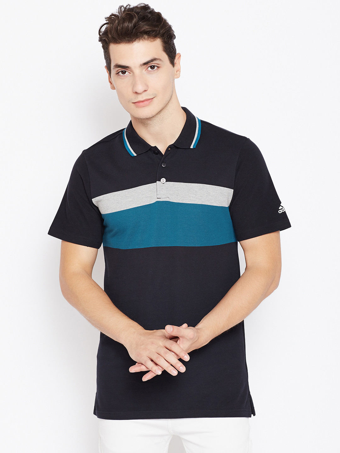 Buy ADIDAS Men Black & Grey Melange TP Polo YD ST 2 Striped T Shirt ...