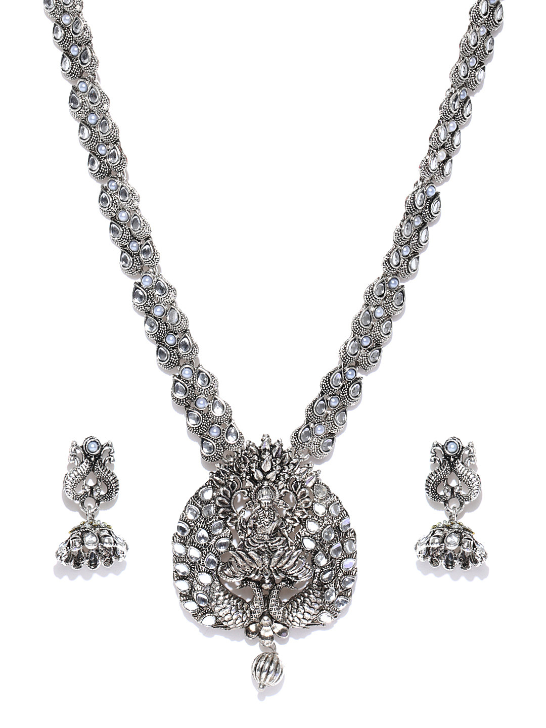 Buy Zaveri Pearls Oxidised Silver Toned Goddess Lakshmi Stone Studded ...