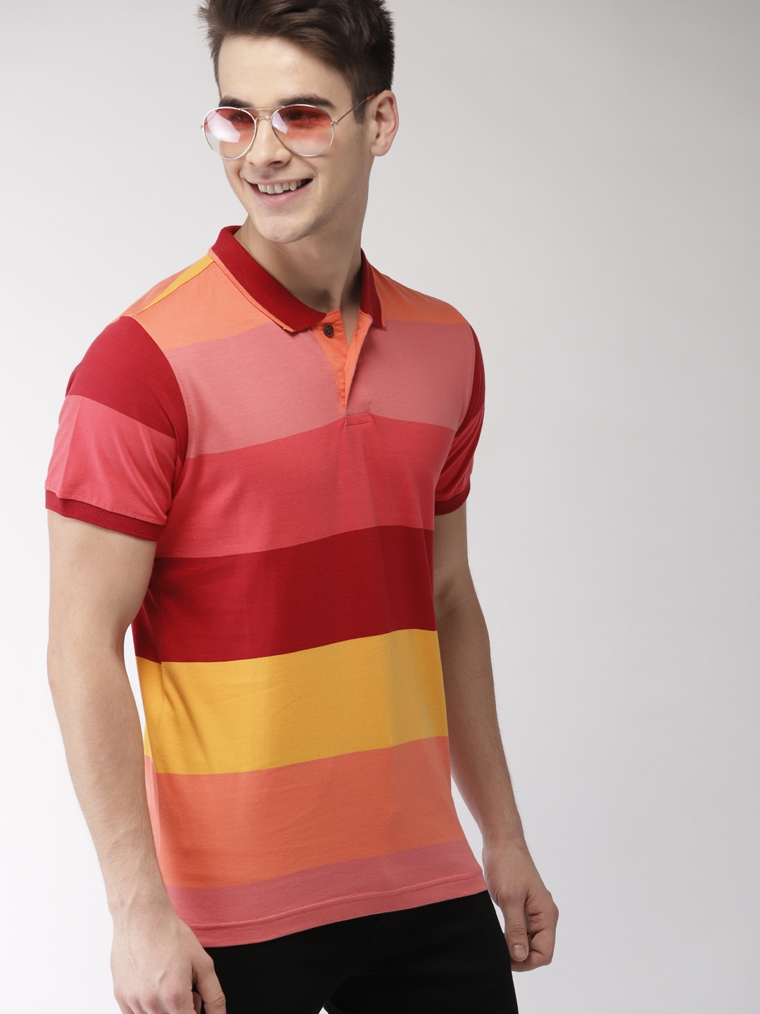 Buy Mast And Harbour Men Coral Colourblocked Polo Collar T Shirt