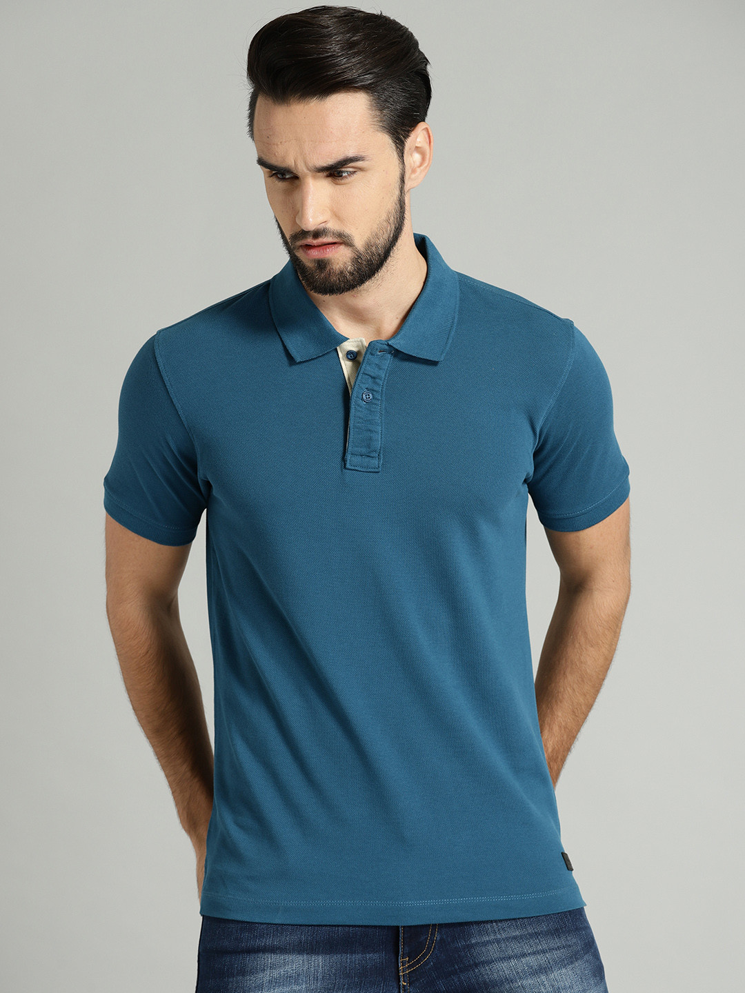 Buy Roadster Men Teal Blue Solid Polo Collar Pure Cotton T Shirt ...