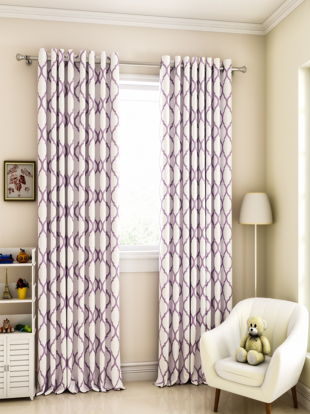 Buy CURTAIN LABEL White & Purple Set Of Set Of 2 Door Curtains ...