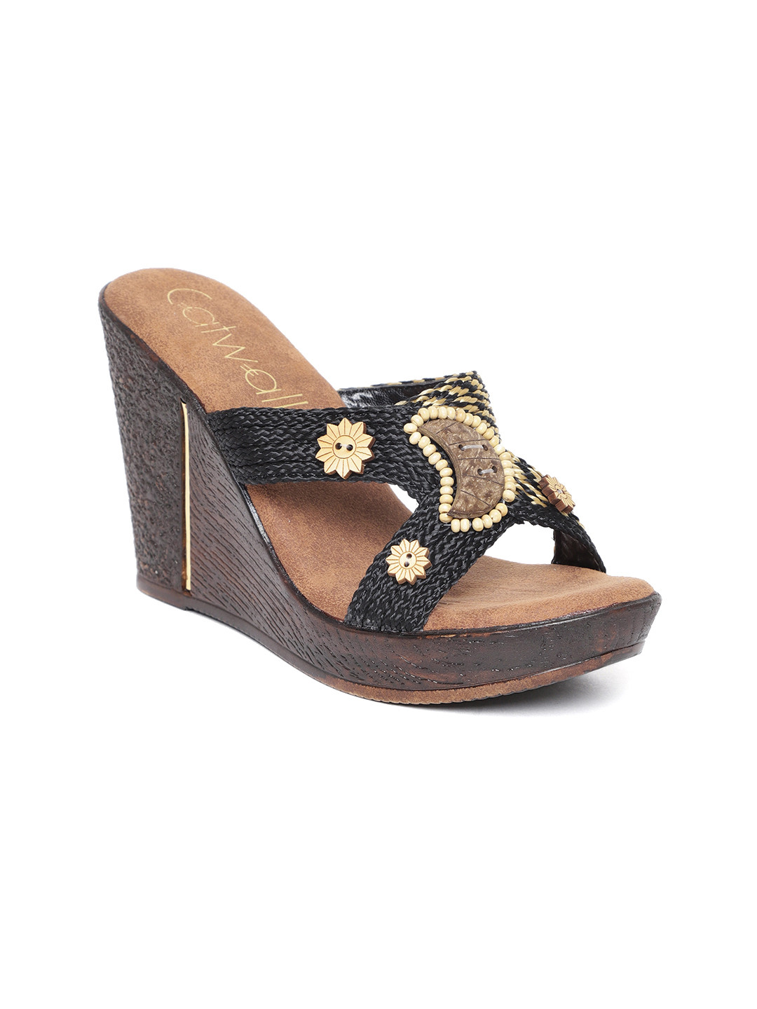 Buy Catwalk Women Black & Beige Woven Design Wedges - Heels for Women ...