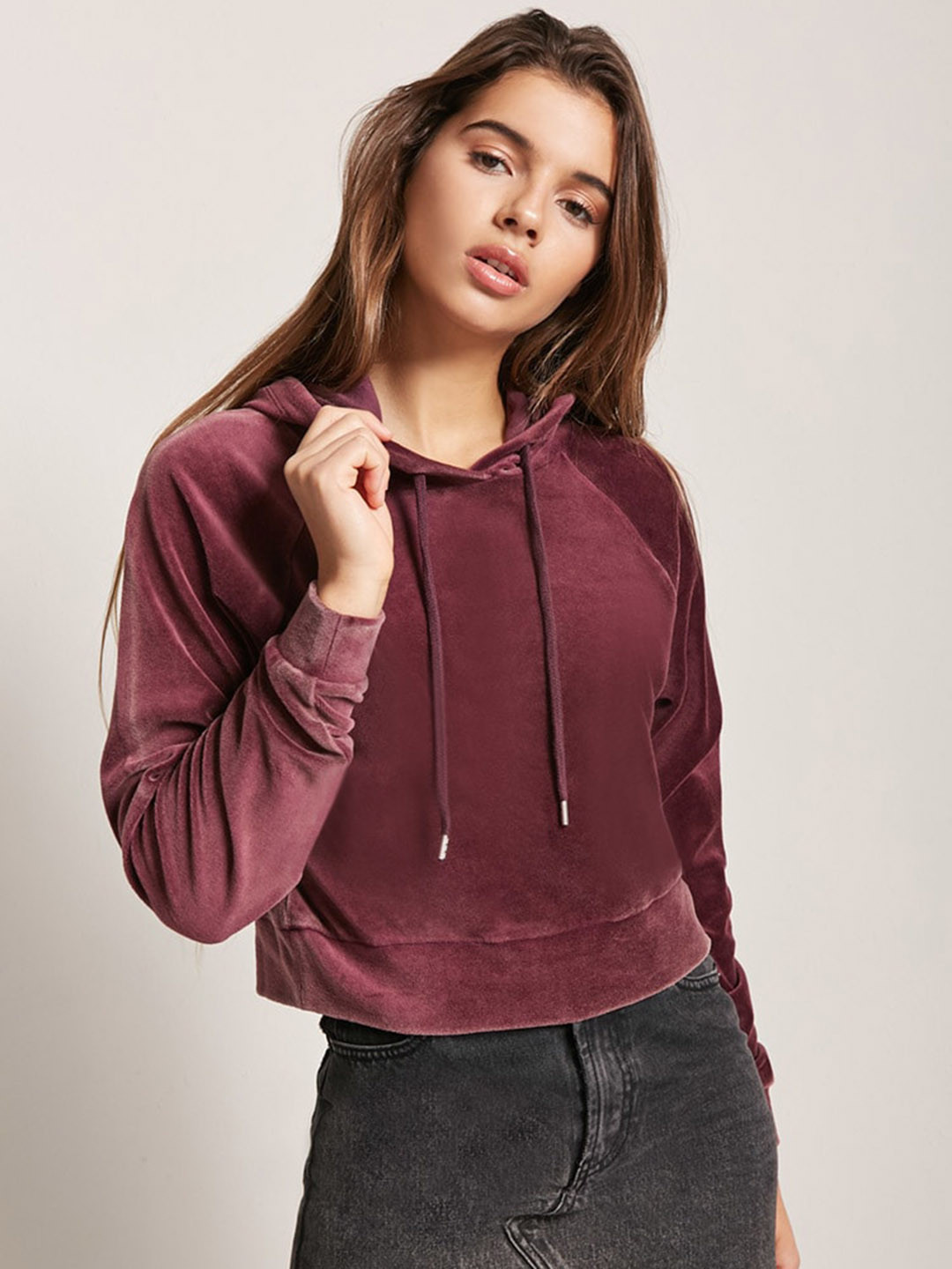 Buy FOREVER 21 Women Burgundy Solid Hooded Sweatshirt - Sweatshirts for ...