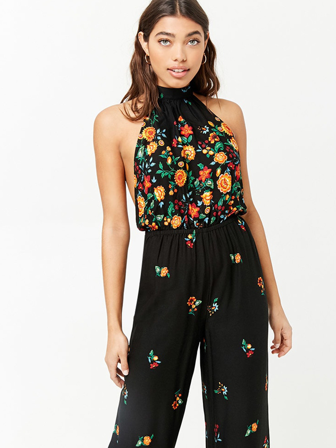 Buy FOREVER 21 Black Printed Basic Halter Neck Jumpsuit - Jumpsuit for ...