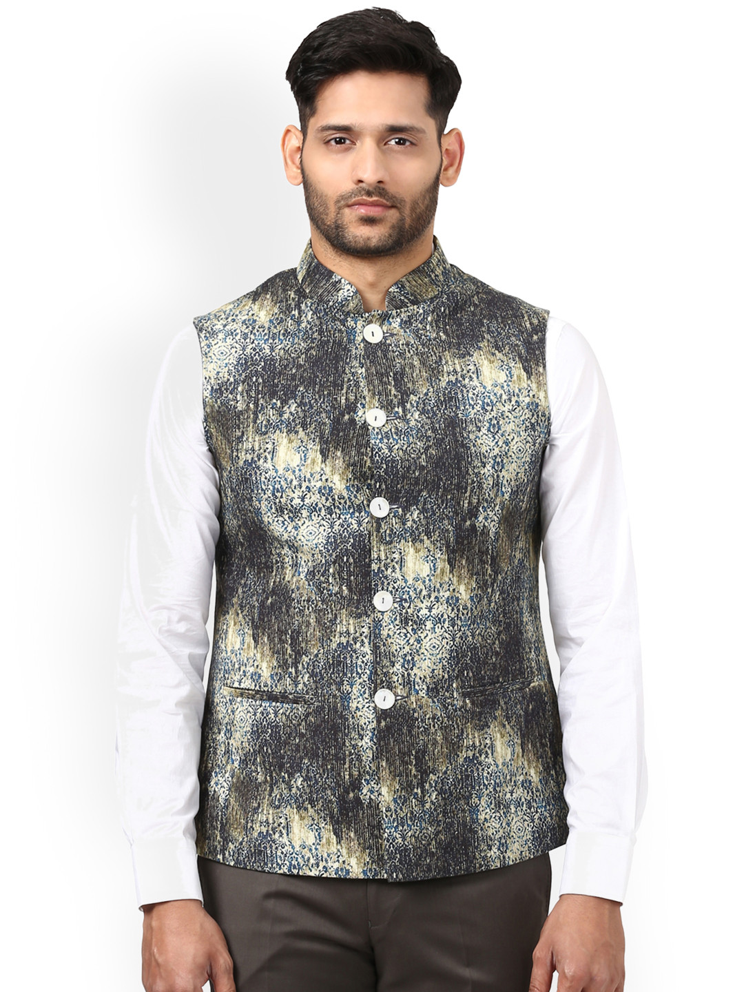 Buy Ethnix By Raymond Men Blue Black Khadi Pure Cotton Printed Nehru ...